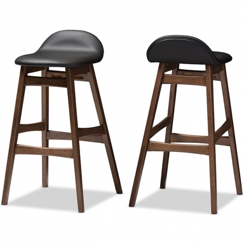 Baxton Bloom Barstool-Black PVC Bloom Bar Stool in Black Leatherette & Walnut Finish (Set of 2)